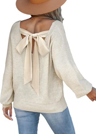 Cupshe Damen Strickpullover V-Ausschnitt Langarm mit Schleife Rückenfrei Lässiger Feinstrick Pulli für Herbst/Winter 2024 Aprikose XL