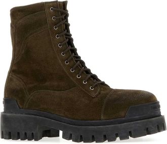 Balenciaga Mens Brown Suede Combat Strike Ankle Boots Olive-Ag Silver Stivali Olive/ag