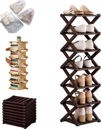 Generic 9-St&ouml;ckiges Bambusregal, 9-St&ouml;ckiges Bambusregal Ohne Montage, Faltbarer Platzsparender Schuhorganizer, Vertikale Schlanke Schuhaufbewahrung Mit 2-10 