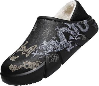 Generic Mocassins pour homme | Bottes antidérapantes pour homme | Sliders à imprimé dragon de style chinois | Claquettes dhiver super chaudes | Slides dintéri