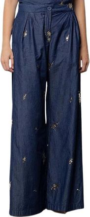 Kaos Kaos, Femme, Pantalons, Bleu, Taille: 42 FR Pantalon Palazzo &agrave; Sequins Brod&eacute;s