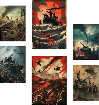 Nacnic Set mit 6 Postern Historische Momente. Kampf auf Boot, Panzer, Hubschrauber Designillustrationen zur Dekoration der Wände Ihres Zuhauses. Räume A3 & A