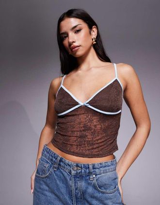 Tiger Mist Auburn - Caraco en dentelle &agrave; d&eacute;tail noeud et bords contrastants - Marron et bleu pastel-Brown