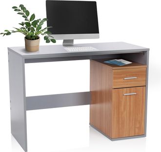 hjh OFFICE 705111 Schreibtisch mit Schublade und T&uuml;r 105 x 50 x 75 cm Basix Grau/Buche Computertisch PC-Tisch platzsparend