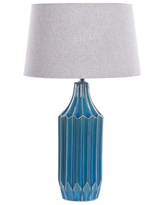 Beliani Tischlampe aus Keramik Fu&szlig; blau Lampenschirm hellgrau 56 cm Abava