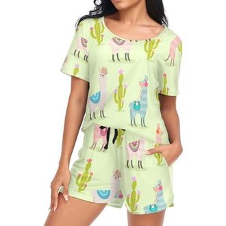 Mnsruu Ensemble de pyjama à manches courtes pour femme Motif cactus Vert alpaga, Multi290, XXL Taille courte
