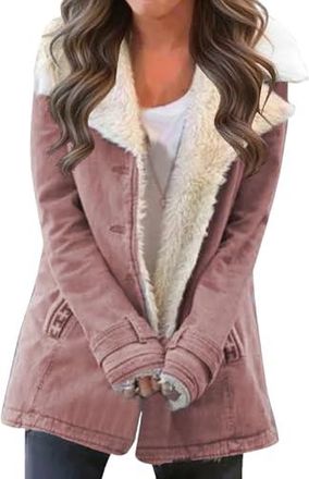 Generic Veste dhiver chaude en polaire Sherpa doubl&eacute;e de grande taille avec revers boutonn&eacute;, manteau dext&eacute;rieur en composite tendance pour femme, rose, 3XL