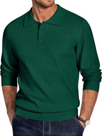 Coofandy Pull Homme Polo Torsadé Pull à Col Manches Longues en Maille Hivers Pullover Decontracté Chandail Basique Polo Sweater Casual Business Sweat Vert Fonc