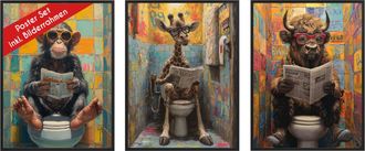 Wackadoo Poster Set WC Tiere 3er Set inklusive Bilderrahmen 21x30 cm DIN A4 Poster Bilderset mit rahmen picture frame Bilder Set Italienisches Holz
