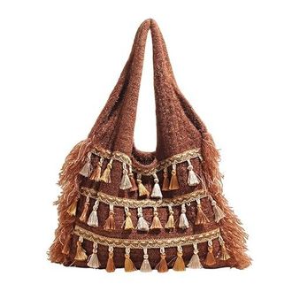 Generic Sac &agrave; bandouli&egrave;re en tricot &agrave; pompons style ethnique boh&egrave;me pour femme, travail, shopping, voyage, quotidien, marron clair, 370*20*300mm