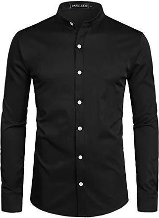 PARKLEES Chemise à manches longues pour homme - Couleur unie - Coupe ajustée - Facile à repasser - Col montant - Pour affaires - Loisirs, Noir, XXL