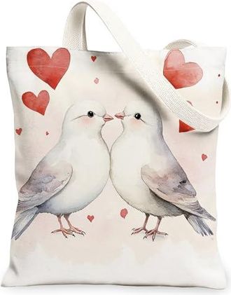 Generic Sac fourre-tout en toile motif colombes pour le shopping 33 x 38 cm, sac &agrave; bandouli&egrave;re r&eacute;utilisable pour la Saint-Valentin, peinture en forme de coeur