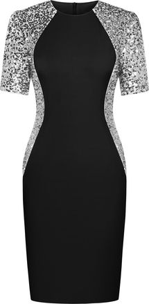 Grace Karin Damen Paillettenkleid Elegant, Rundhals Bodycon Glitzer Kleid Damen, Abend Party Rokabilly Kleider Festliche Schwarz Silber M