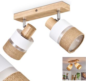 HOFSTEIN Deckenleuchte Fallhagen, moderne Deckenlampe aus Holz/Metall/Leinen in Natur/Chromfarben/Schwarz, Leuchte 2-flammig im skandinavischen Design mit vers