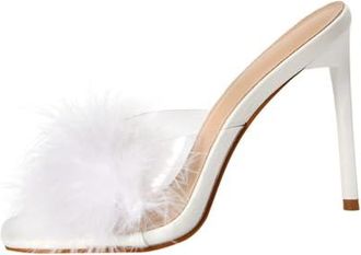 Yardwe Sandales &agrave; Talons Fins Carr&eacute; pour Femme D&eacute;cor Fluffy Mode &Eacute;t&eacute; Chaussures Confortables et &Eacute;l&eacute;gantes pour Plage et Quotidien