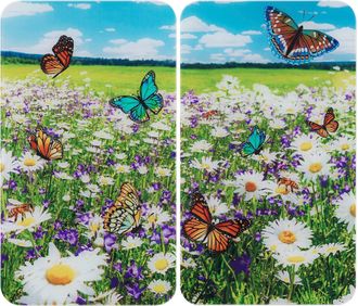 WENKO Herdabdeckplatte Universal Mod. Sommerwiese, höhenverstellbar für alle Herdarten, Schneidebrett und Spritzschutz, Glas, 30 x 52 cm, 2-teilig