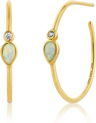 Ania Haie Damen Ohrringe MINERAL GLOW Raindrop Hoop aus 925 Sterling Silber, besetzt mit einem Zirkonia und einem Opal, Gr&ouml;&szlig;e: 0.7cm x 0.5cm, inkl. Geschenkverp