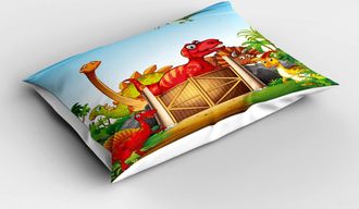 Abakuhaus Dino Kissenbezug, Cartoon Dinosaurier im Park, Dekorativer Standard King Size Gedruckter Kissenbezug, 80 x 40 cm, Mehrfarbig