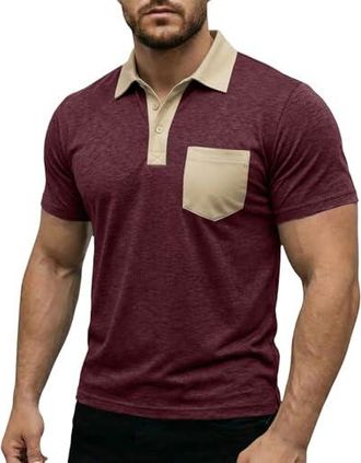 Generic DENGJIAMY Polo patchwork pour homme avec boutons Tredny et col en V - T-shirt d&eacute;t&eacute; &agrave; manches courtes - Chemises de golf pour activit&eacute;s en plein air - 