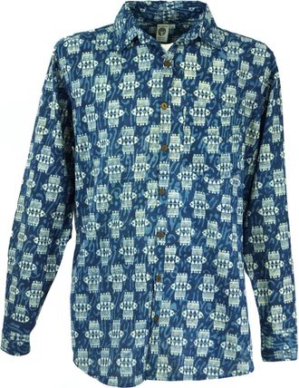 Guru Shop Freizeithemd, Goa Boho Hemd, Langarm Herrenhemd mit Afrikanischem Druck - Indigo, Baumwolle, Size:S