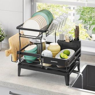 Songmics Égouttoir à Vaisselle, 2 Niveaux, Organisateur de Plan de Travail, Bec Rotatif à 360° et Extensible, Bac dÉgouttement, Porte-Couverts, 31 x 42 x 36,5 