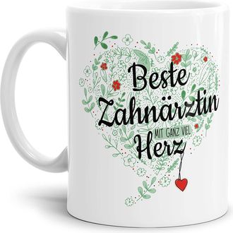 Tassendruck Berufe Tasse - Beste Zahnärztin mit ganz viel Herz - Geschenk für die beste Zahnärztin, als Dankeschön - Hochwertige Keramik, Weiß, 300 ml
