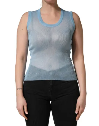 Dolce & Gabbana Womens Blue Semi Sheer Ribbed Sleeveless Tank Top Polyester