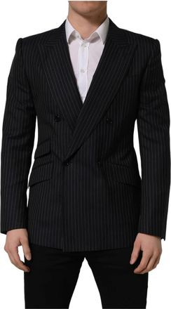 Dolce & Gabbana Homme, Vestes, Noir, Taille: L Veste Crois&eacute;e en Laine Ray&eacute;e