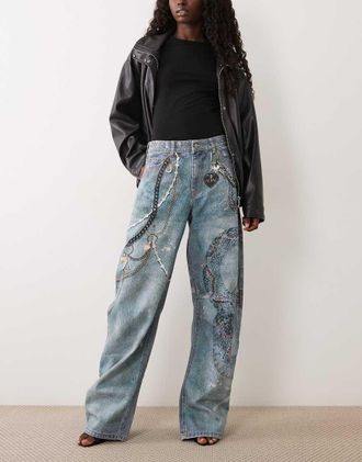 AFRM pantalon barrel taille haute Walker &agrave; imprim&eacute; d&eacute;tail cinq poches d&eacute;lav&eacute; bleu moyen-Noir