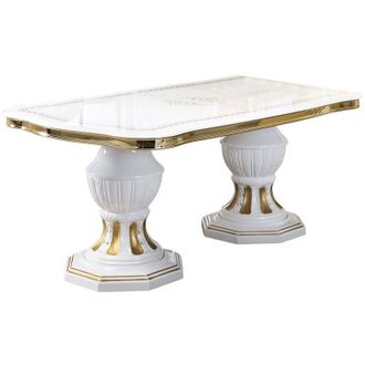 Les Tendances Table &agrave; manger rectangulaire extensible bois vernis laqu&eacute; brillant blanc et dor&eacute; Lesly 185 &agrave; 230cm