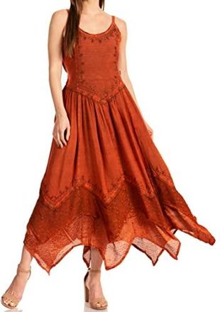 Sakkas Rayon Robe Longue Brodée Délavée à Bretelles Spaghetti Ajustables - Orange - S/M