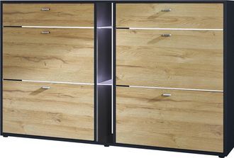 Vladon Schuhschrank Schuhkipper Today 155,5 x 95 x 28 cm, mit wei&szlig;er LED Beleuchtung, Made in Germany, Korpus in Schwarz matt, Fronten in Eiche Natur