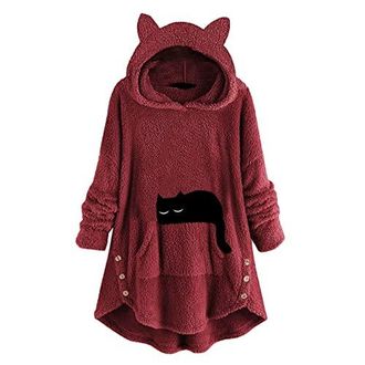 Generic Sweat &agrave; capuche en polaire avec poche et oreilles de chat pour femme - Imprim&eacute; mignon - Manches longues, Rouge, XXL