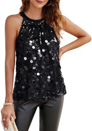 Grace Karin Camisole à Grosses Paillettes Col Rond élégant pour Femmes en Mousseline de Soie Chemise Décontractée Party Hauts sans Manches S Noir