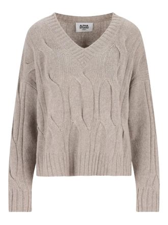 Alpha Studio pull en maille torsadée à col v - Tons neutres
