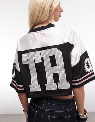 True Religion Crop top style sport en jersey orn&eacute; de strass - Noir/blanc