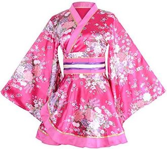 Generic Kimono court sexy pour femme avec ceinture Obi et imprimé Geisha Yukata, rose rouge, taille unique