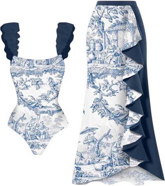 QUINTRA Ensemble de Maillot de Bain Jupe Longue en Mousseline de Soie pour Femme imprimé Skinny Bikini Rouge Et Jaune (AE-Blue, M)