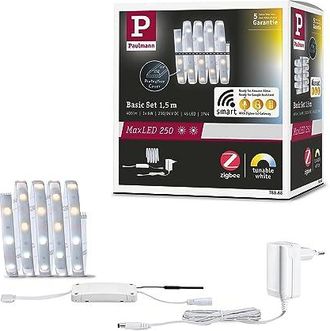 Paulmann 78868 LED Stripe MaxLED 250 Basisset Smart Home Zigbee Tunable White 1,5m IP44 8W 230/24V 405lm Silber LED Lichtband spritzwassergeschützt