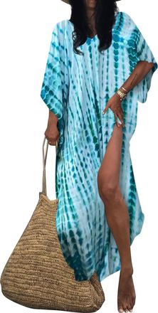 Bsubseach Damen Strandkleid Boho Strandponcho Plus Gr&ouml;&szlig;e Kaftan Sommerkleid Maxikleid Lose Maxi Kimono Kaftan Blau Gr&uuml;n