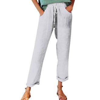 Generic Pantalon Femme Large Fluide Blanc en Lin &Eacute;t&eacute; Pantalon Court en Lin pour Femme Grande Taille Taille Haute Jambe Large Longueur Cheville Ray&eacute; pour La Pl