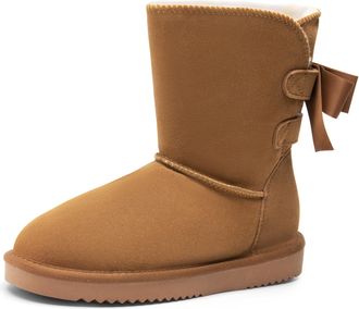 Dream Pairs Damen Winter Schneestiefel FuzzyChic Schleife Echtes Wildleder Kunstfellfutter Memory-Schaum Warme Winter Kurzstiefel f&uuml;r drinnen und drau&szlig;en,Size 40.