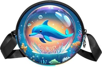 Generic Sac &agrave; bandouli&egrave;re rond pour femme, motif dauphin, boule de cristal, petit sac &agrave; bandouli&egrave;re avec fermeture &eacute;clair, bretelles r&eacute;glables, sac &agrave; main ron