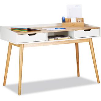 Relaxdays Relaxdays - Bureau, Design scandinave, 2 tiroirs, Table dordinateur HxLxP: env. 76 x 120 x 55 cm, bois, blanc-brun