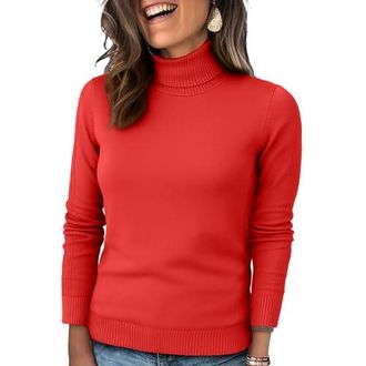 Generic Pull Femme Hiver Chaud col Montant Mode Ample Sweatshirts Couleur Unie Pull Femme Chic et El&eacute;gant D&eacute;contract&eacute; Manche Longue Jumper Tops Rouge