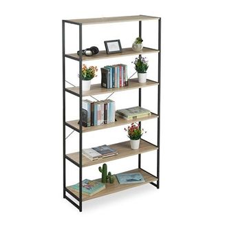 Relaxdays Standregal Industrial, hohes B&uuml;cherregal, offenes Design mit 6 F&auml;chern, HBT 180x95x35 cm, aus PB/Metall, braun