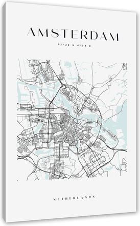 Pixxprint Stadtkarte Eckig - Amsterdam als, Größe: 120x80cm, Leinwandbild, fertig gespannt, Wandbild, Dekoration, Kunstdruck, kein Poster