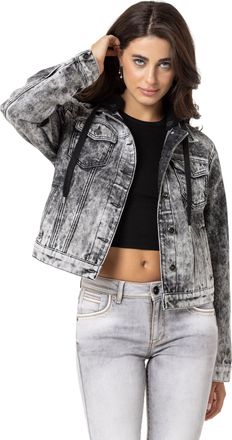 Cipo & Baxx Damen Jacke WJ224 Schwarz - Denimjacke im Casual Streetwear Look mit Kapuze, Knopfleiste & Taschen - &Uuml;bergangsjacke f&uuml;r Alltag & Freizeit - WJ224 Schw