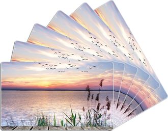 Wallario 6er Set Fr&uuml;hst&uuml;cksbrettchen aus Glas, Glasunterlage, Glasbrettchen Seepanorama mit Schilf und fliegenden V&ouml;geln, Gr&ouml;&szlig;e 14 x 23 cm, Sicherheitsglas