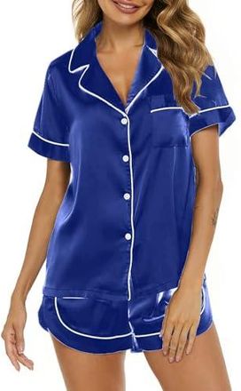 Generic Ensemble de v&ecirc;tements de nuit en satin pour femme - Pyjama 2 pi&egrave;ces en satin - T-shirt &agrave; manches courtes et pantalon - Pyjama boutonn&eacute; - Ensemble de v